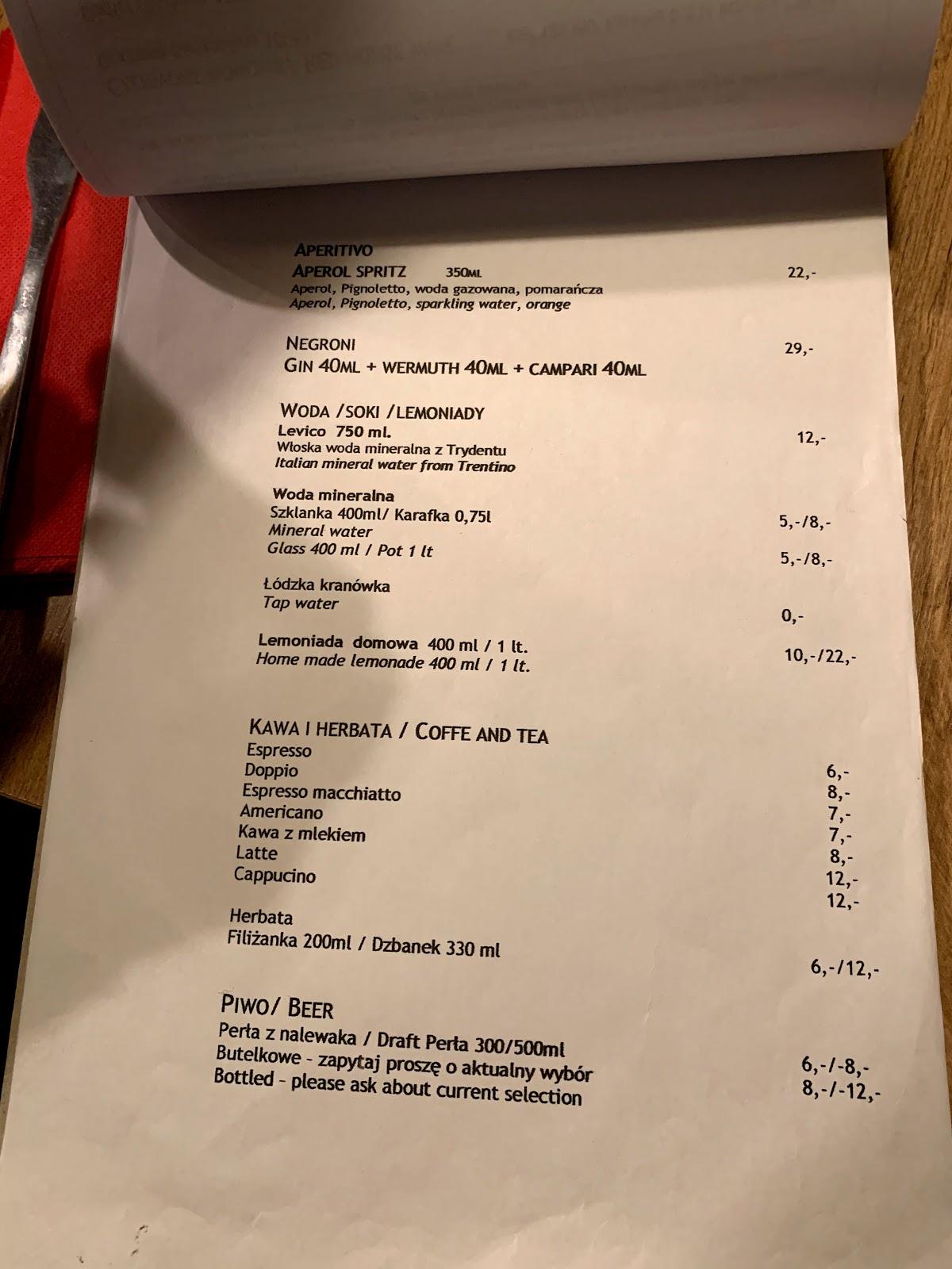 Menu at Tari Bari Osteria, Łódź