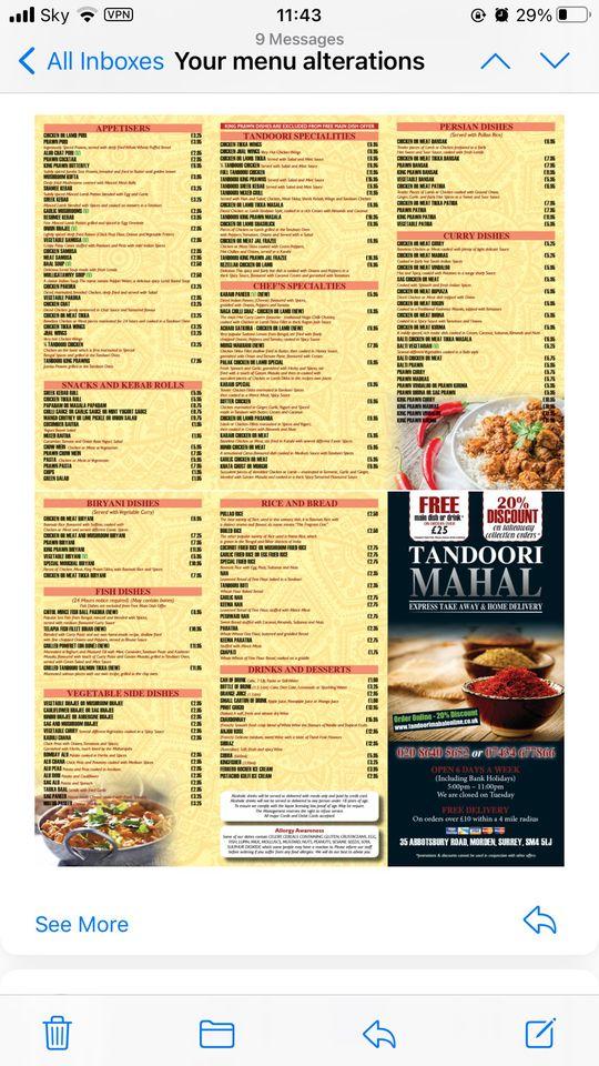 Menu at The Mahal - Indian takeaway & home delivery restaurant, Morden ...