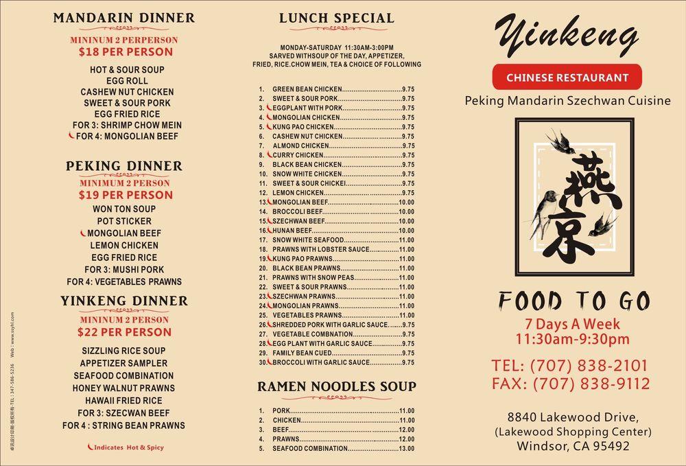 Menu at Yin Keng Restaurant, Windsor