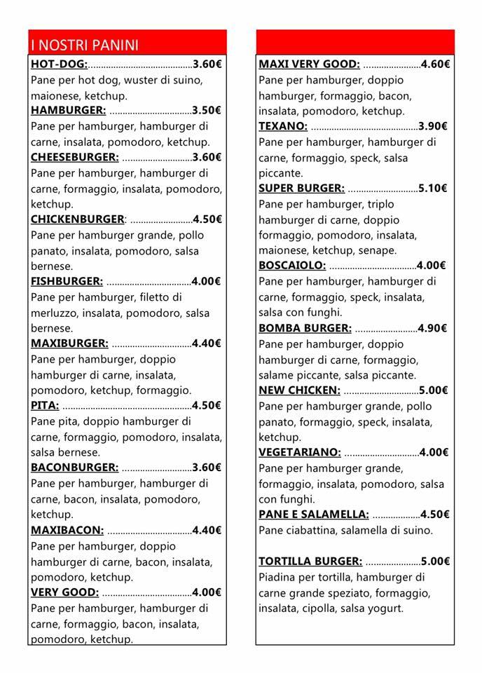 Menu at Amerigo chiosco restaurant, Bergamo