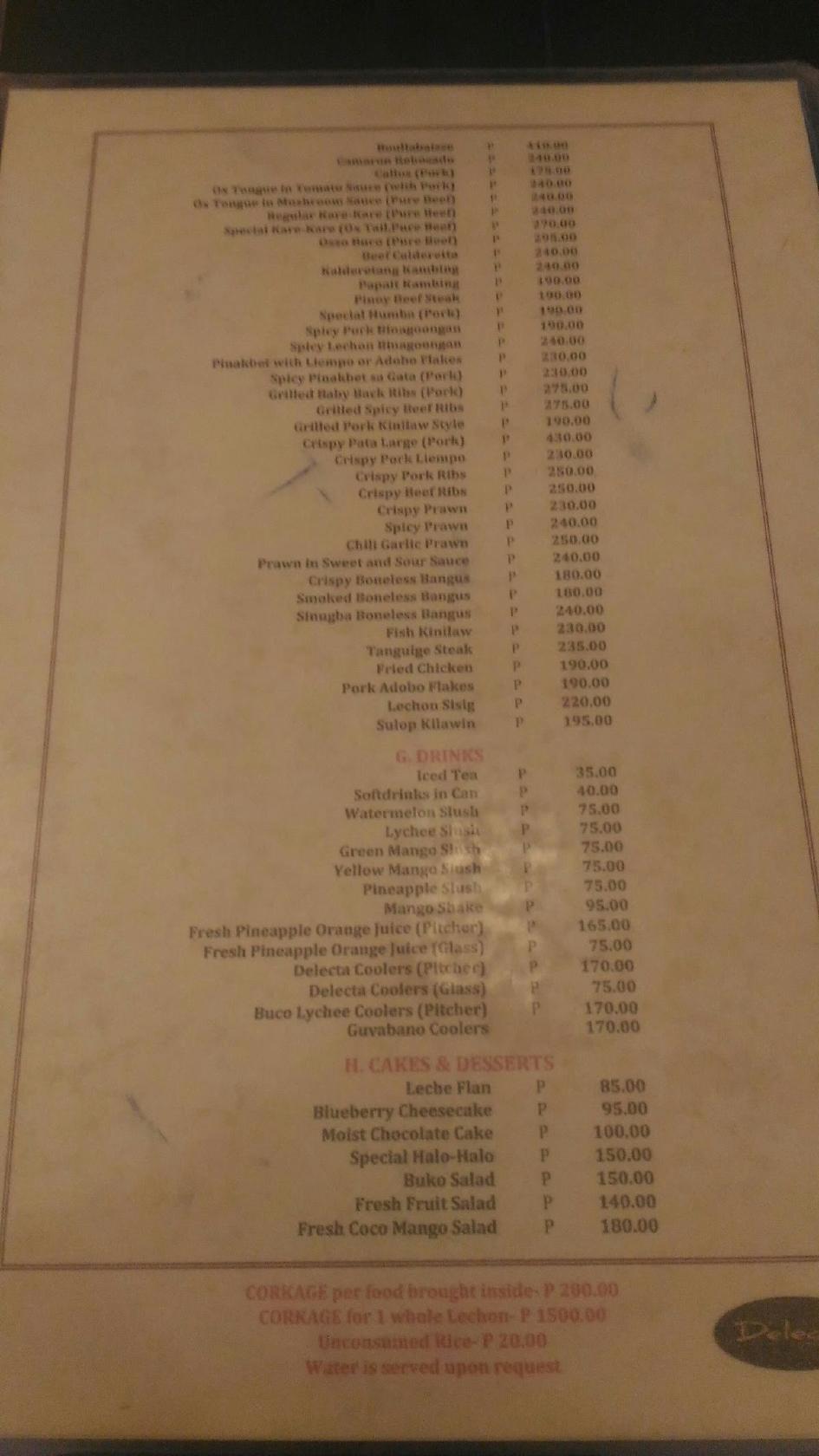 Menu at Delecta restaurant, Iligan City, 66GX+WQ5