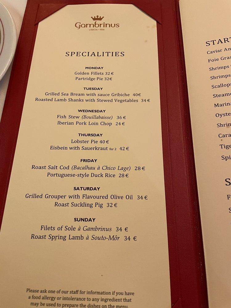 Menu at Gambrinus restaurant, Lisbon