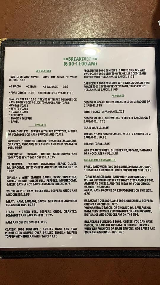 Menu at Green Valley Cafe, Sanger