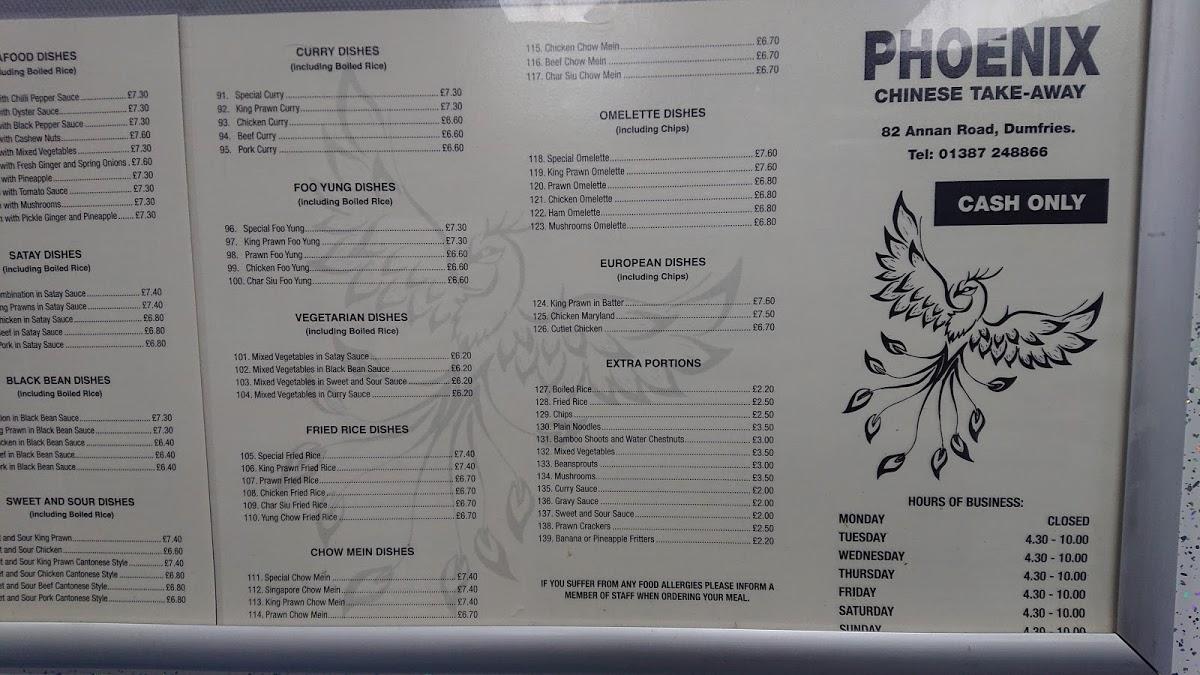 Menu at Phoenix Chinese Takeaway fast food, Dumfries