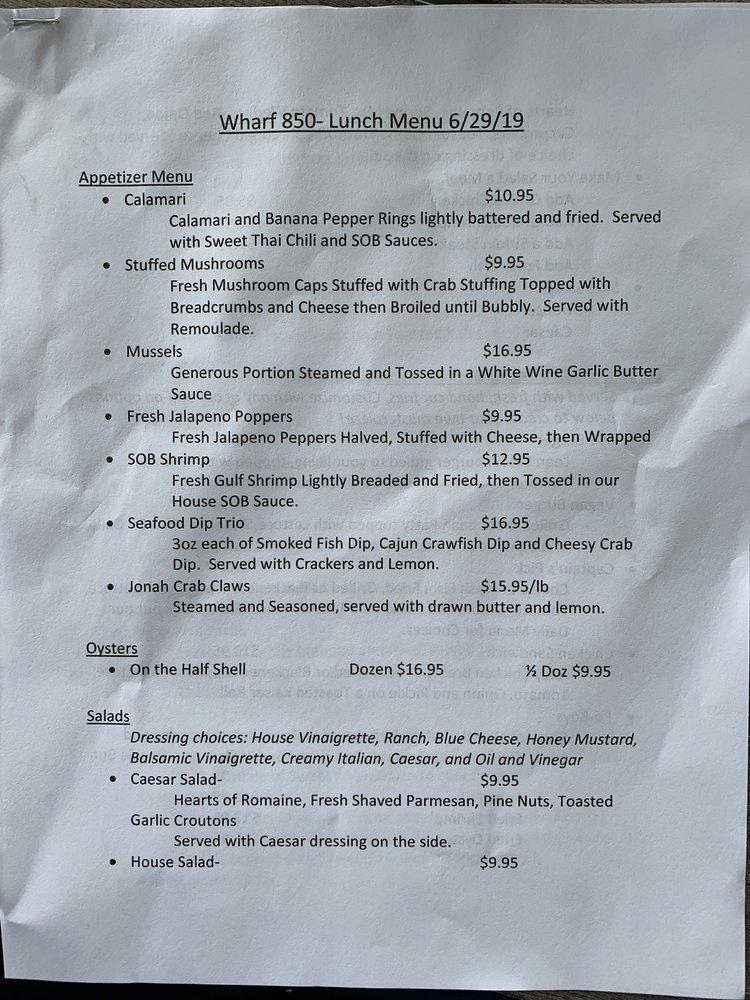 Menu at The Wharf 850 restaurant, Niceville