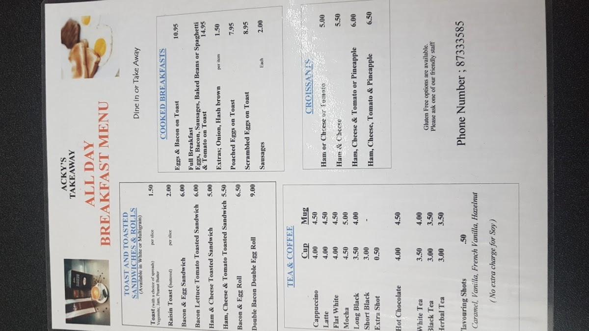Menu at Acky's Takeaway & Cafe, Millicent