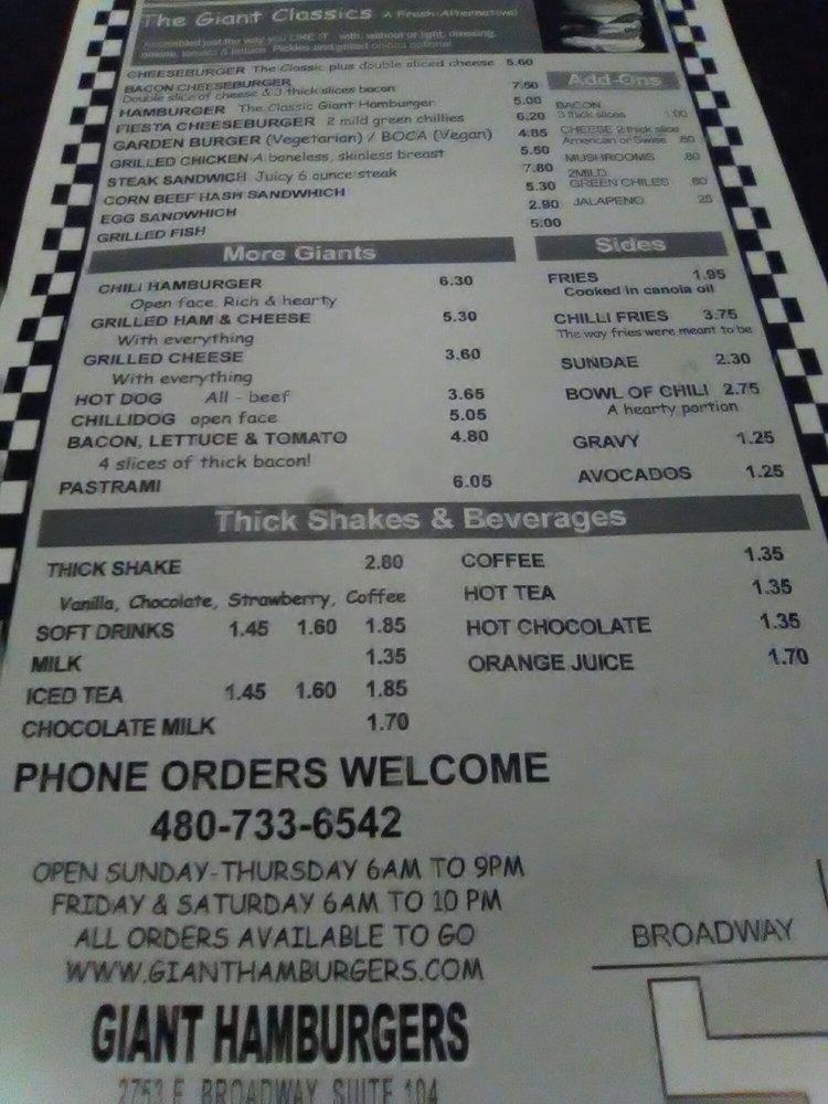Menu at Giant Hamburgers restaurant, Mesa