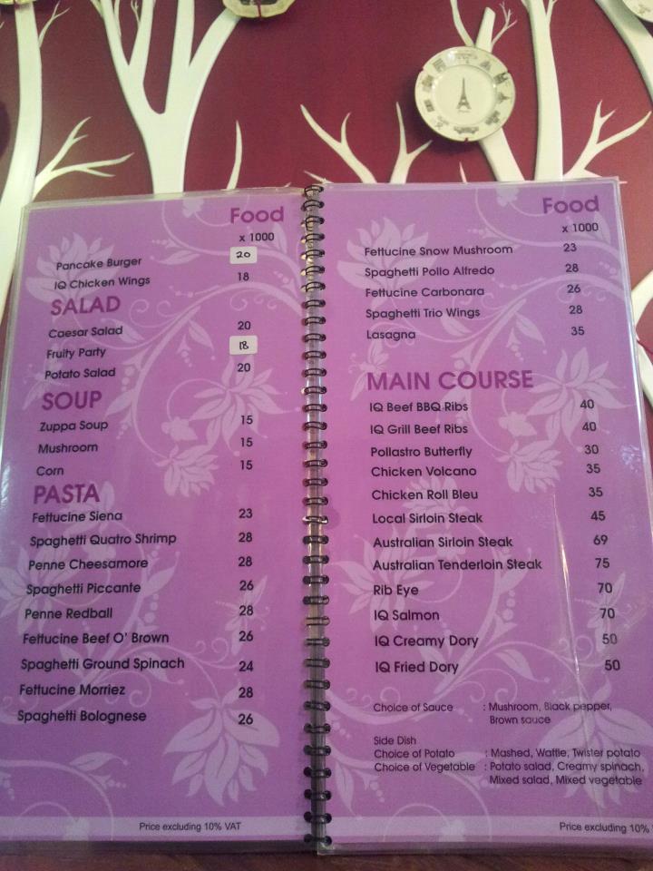 Menu at IQ Pasta and Steak restaurant, Yogyakarta
