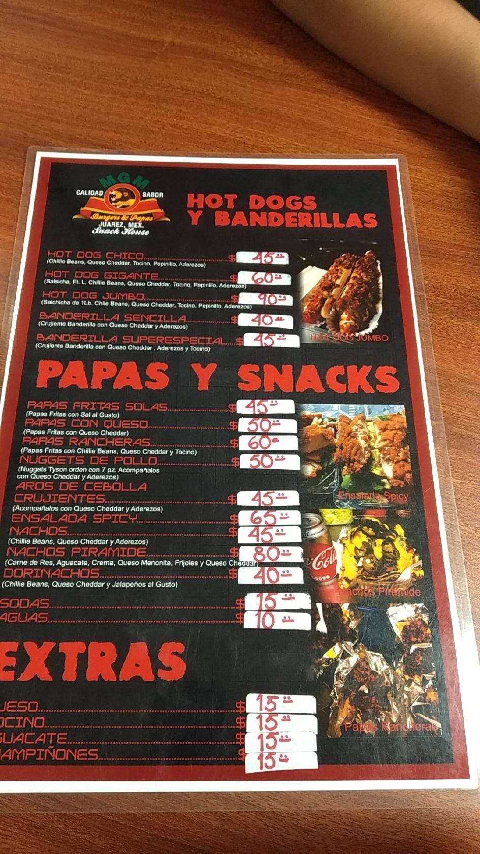 Carta del restaurante MGM Burgers & Papas, Ciudad Juarez