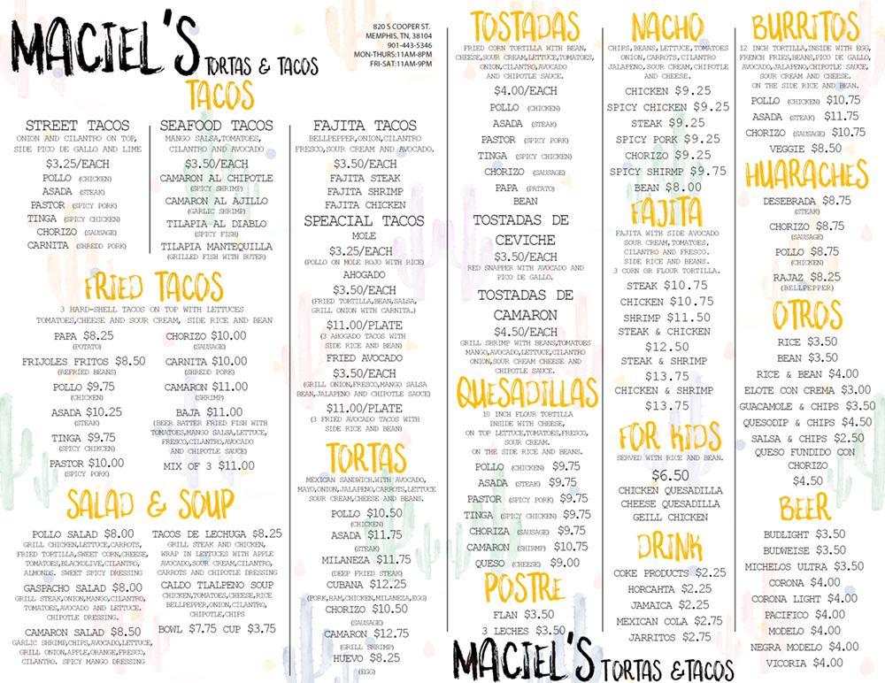 Menu at Maciel's Tortas & tacos (Midtown) restaurant, Memphis, 820 ...