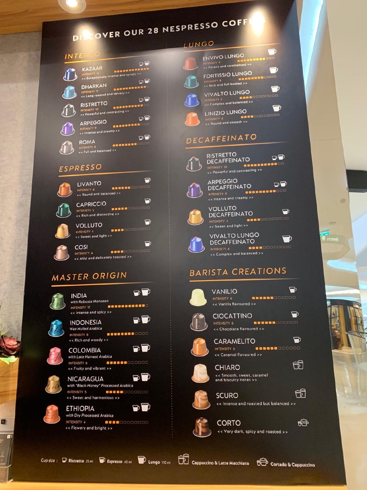 Menu at Nespresso Central Embassy cafe, Bangkok