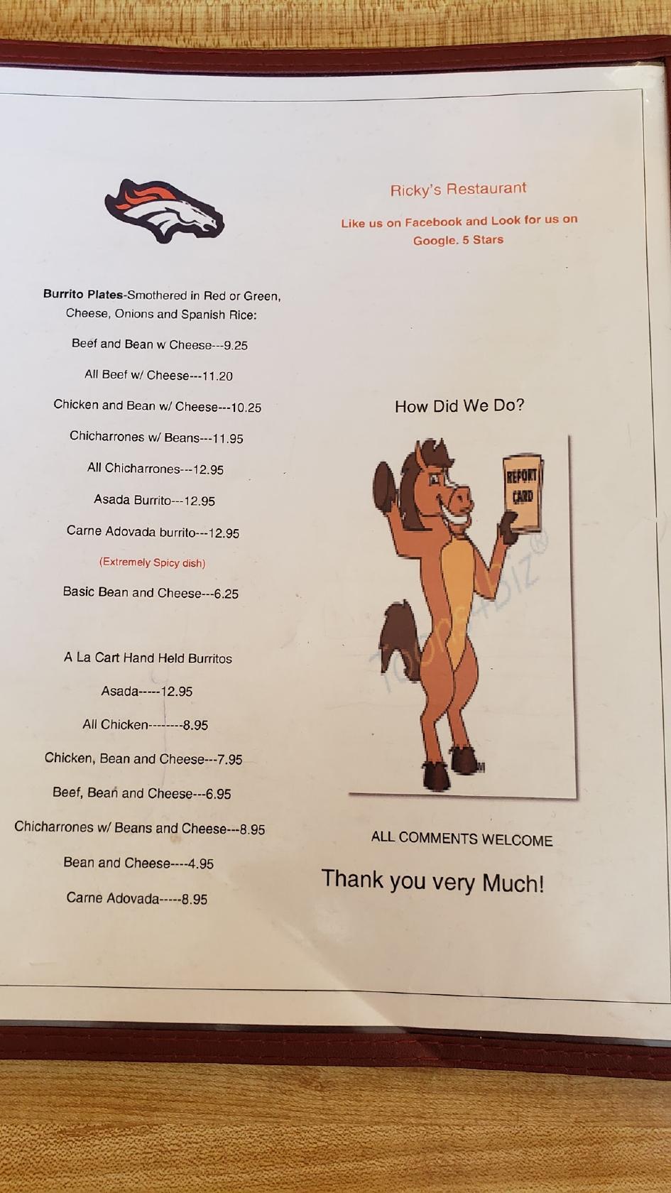 Menu at Ricky's restaurant, Taos