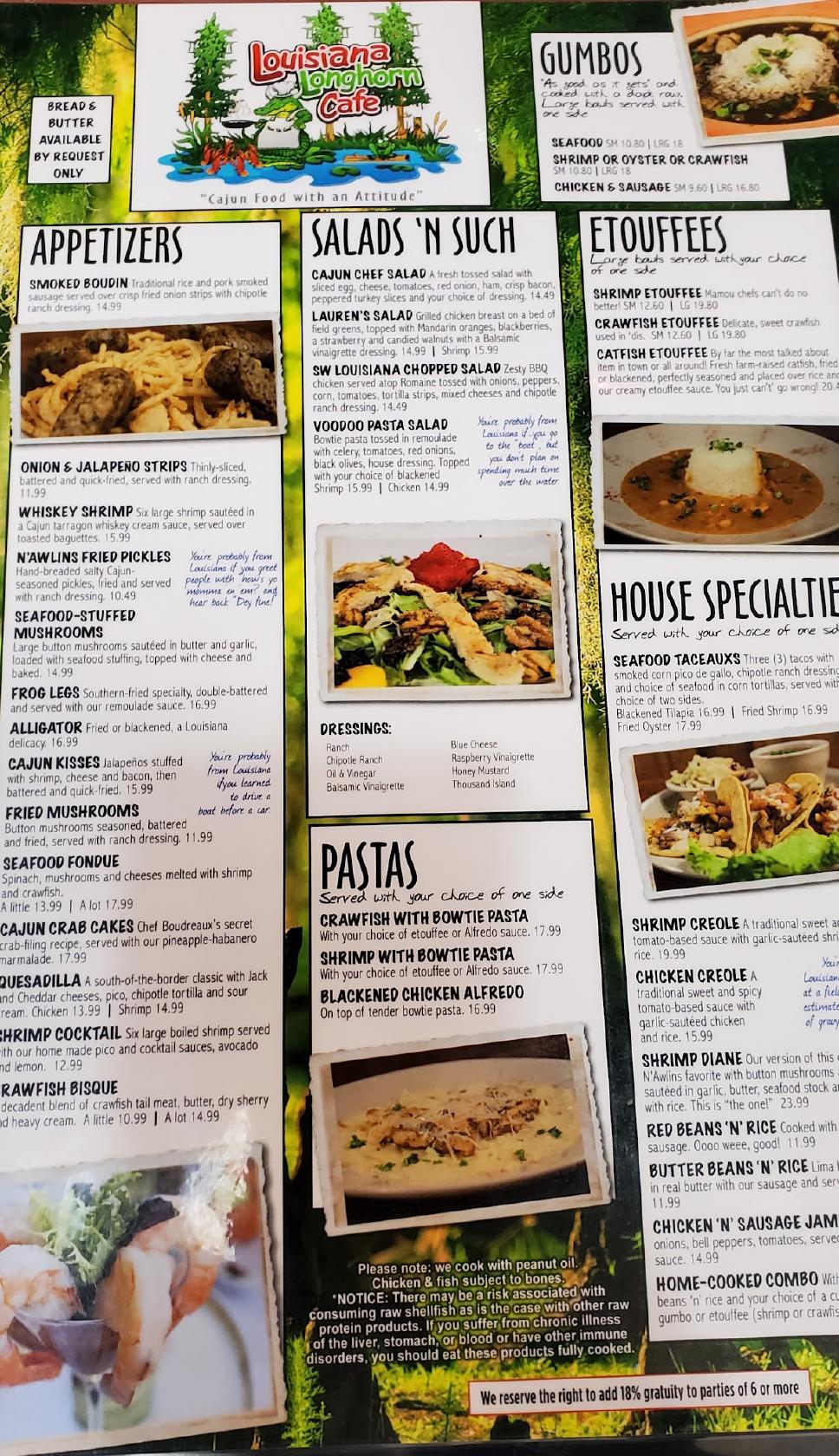 Menu at The Louisiana Longhorn Cafe, Round Rock