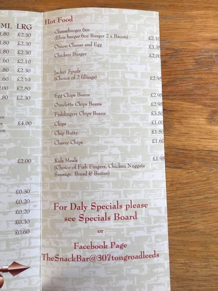 Menu at The Snack Bar, Leeds
