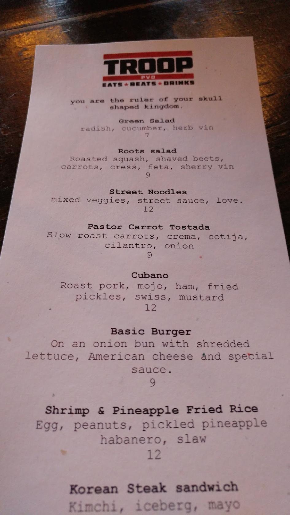 Menu at Troop pub & bar, Providence
