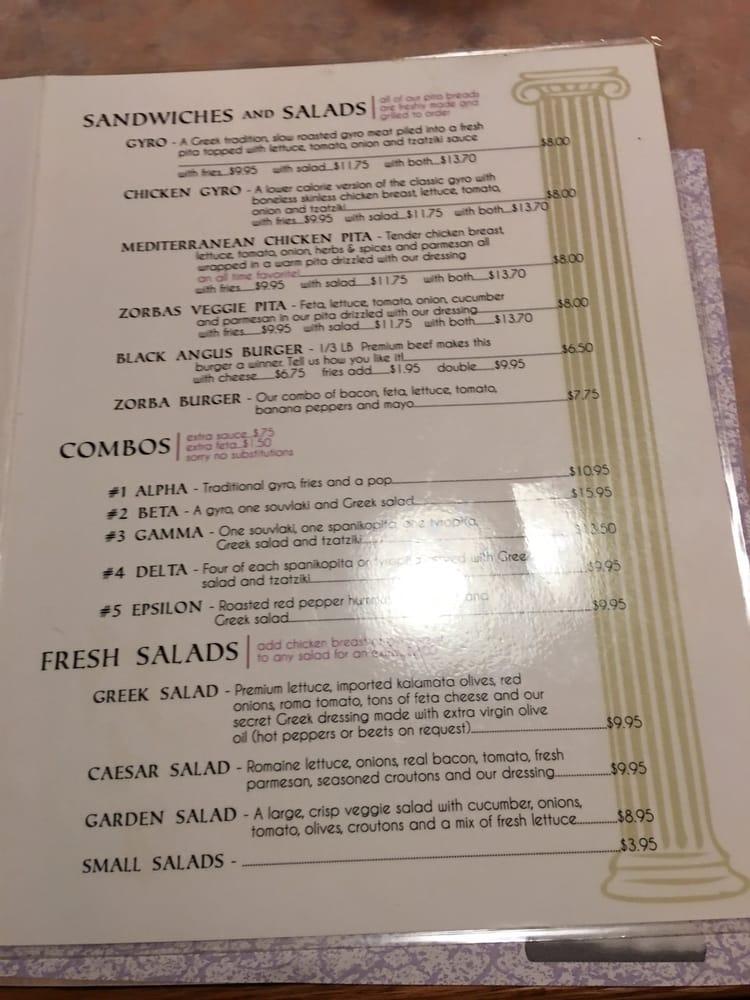 Menu at Zorba’s Greek American Restaurant, Sault Ste. Marie