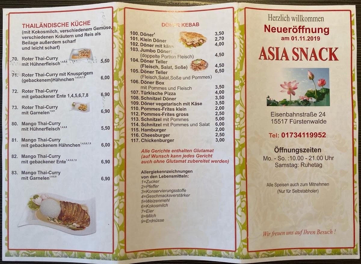 Speisekarte von Asia Snack / Inh. Ta Nguyen Vo restaurant, Fürstenwalde ...