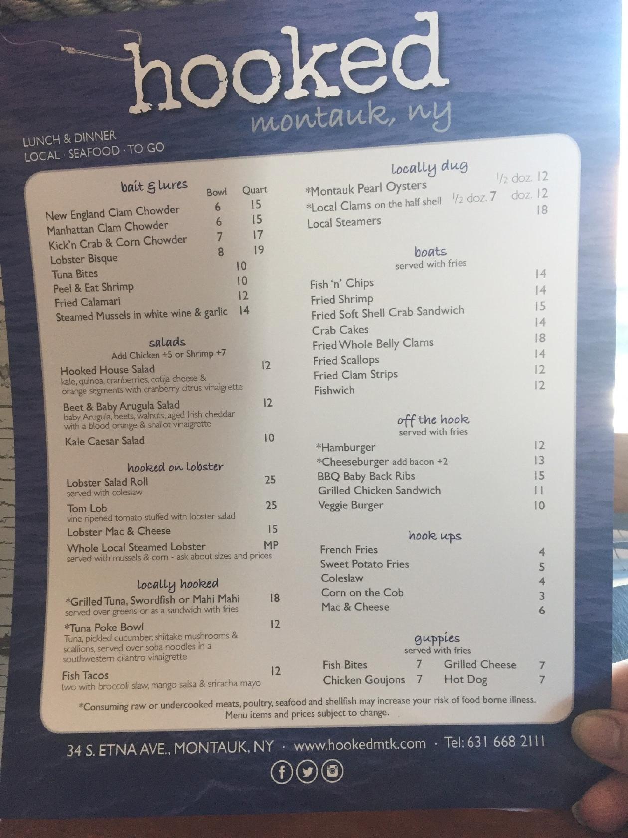 Menu at Hooked restaurant, Montauk