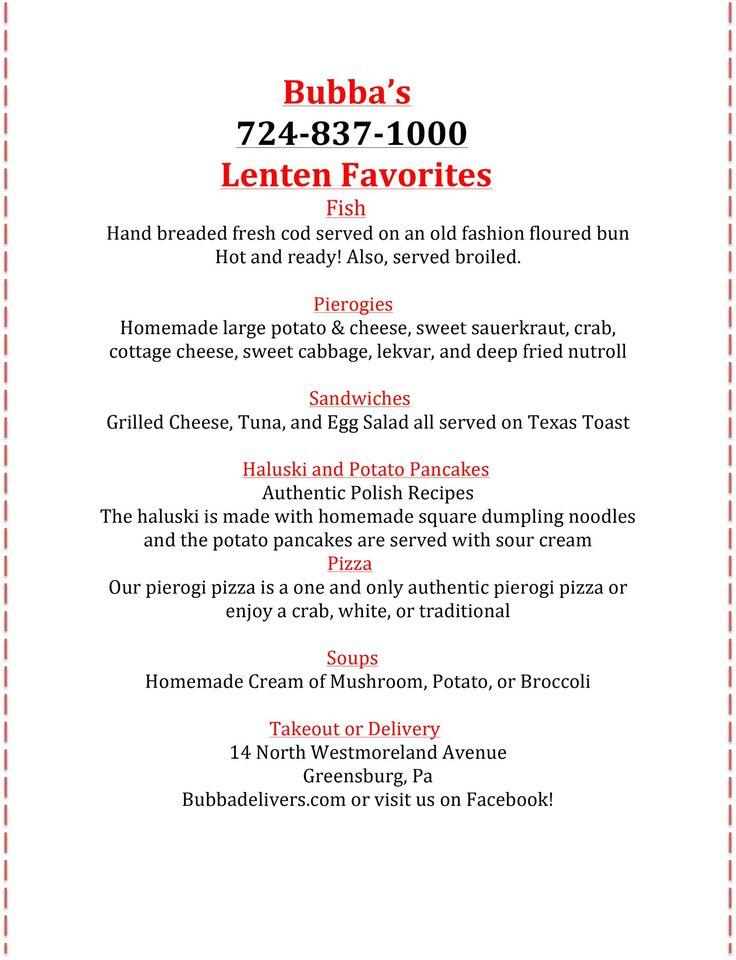 Menu at Bubba's pizzeria, Greensburg