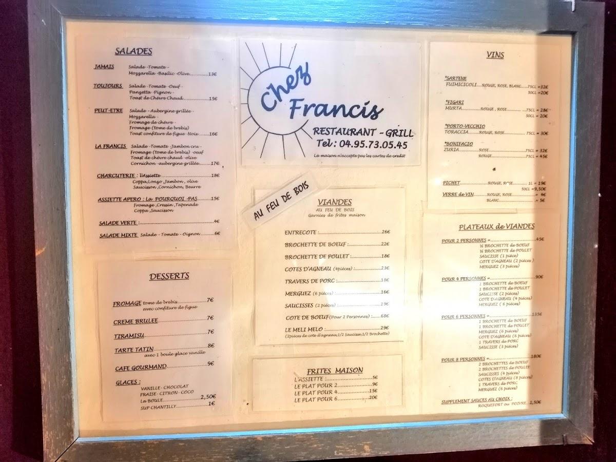 Menu au Restaurant Chez Francis Bonifacio, Bonifacio, Cité Phares