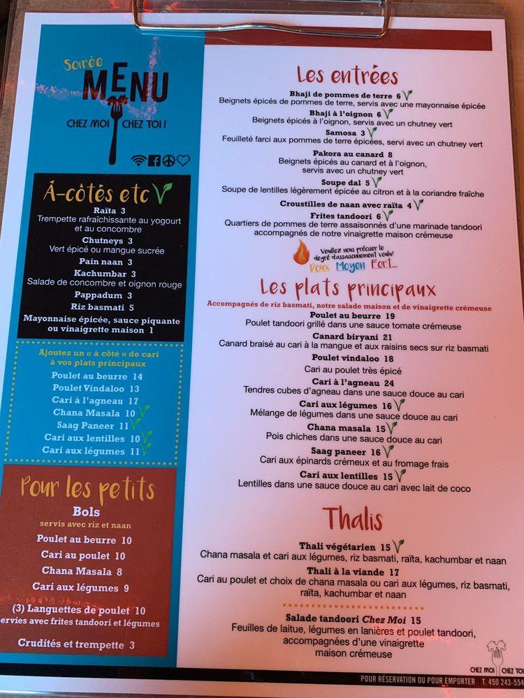 Menu au Chez Moi Chez Toi restaurant, Knowlton