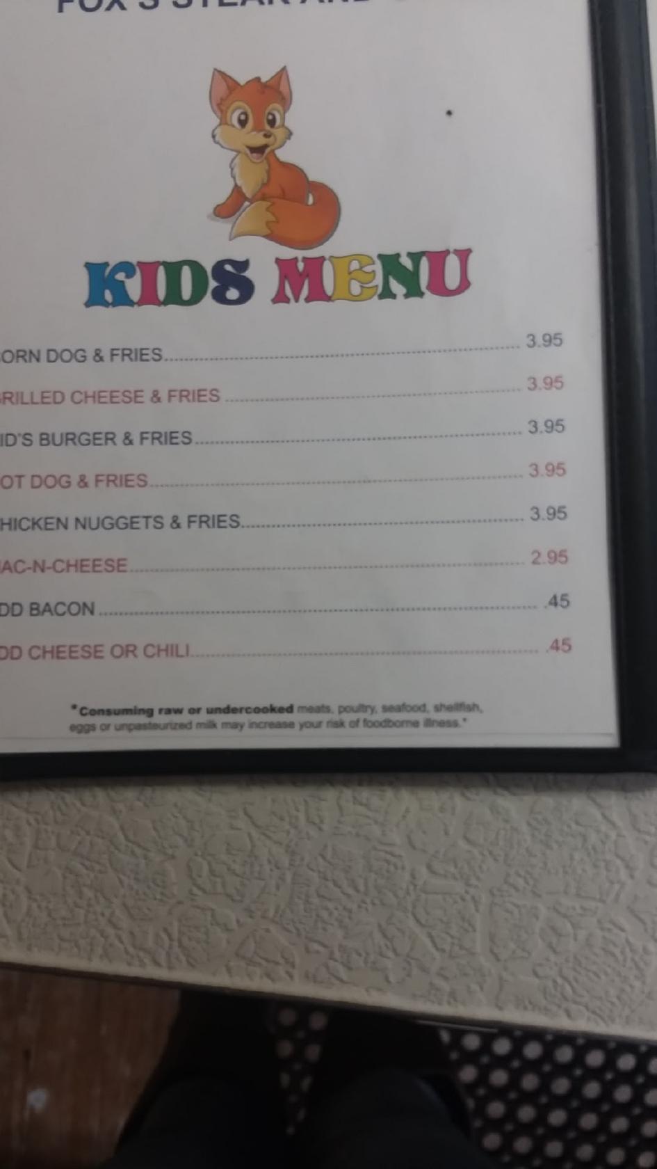Menu at Fox's Diner restaurant, Rocky Top