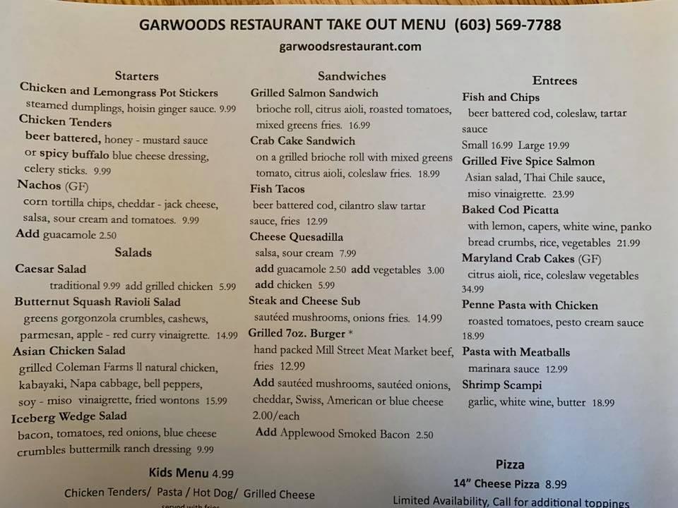 Menu at Garwoods Restaurant, Wolfeboro, 6 N Main St