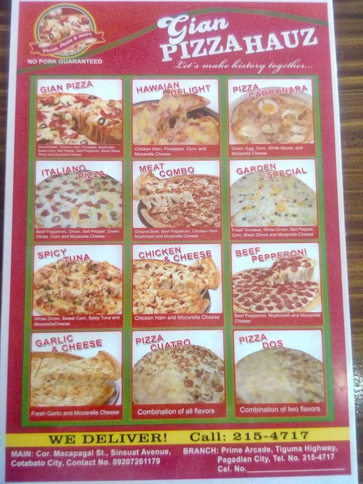 Menu at Gian's Pizza Hauz restaurant, Pagadian City