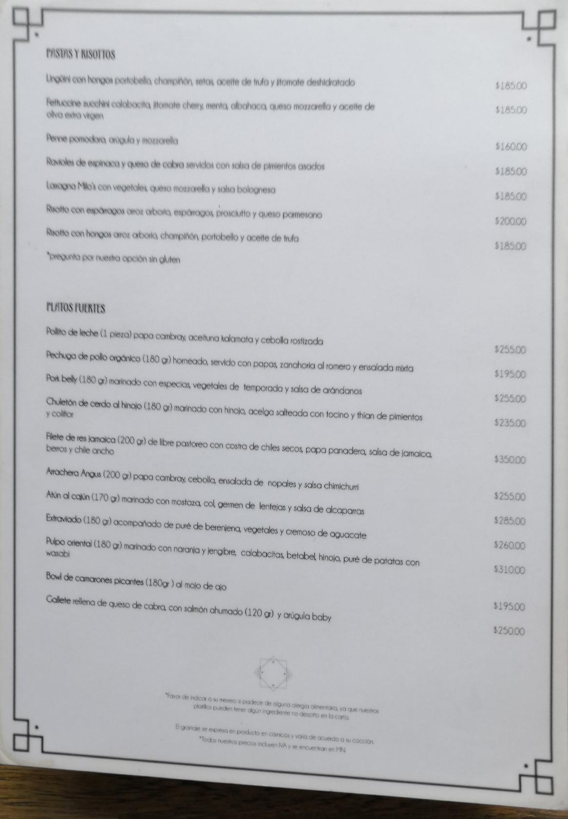 Carta del restaurante Milo’s, Ciudad del México, Amsterdam 308