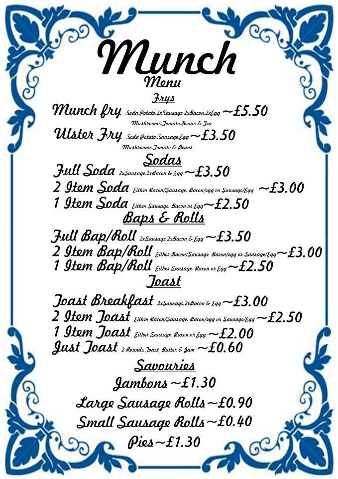 Menu at Munch Belfast LTD restaurant, Belfast, 19-21 Church Ln