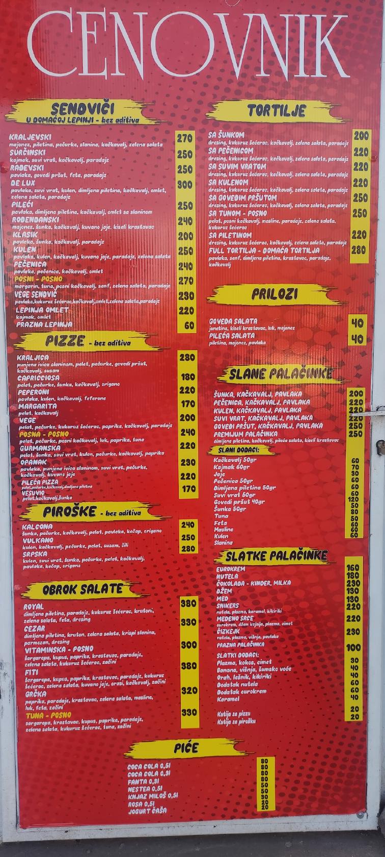 Menu au Picerija Kraljica - Beograd pub et bar, Belgrade