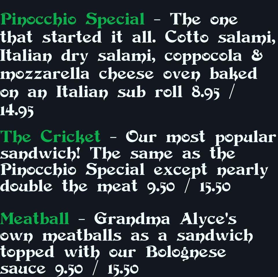 Menu at Pinocchio's restaurant, Sonora
