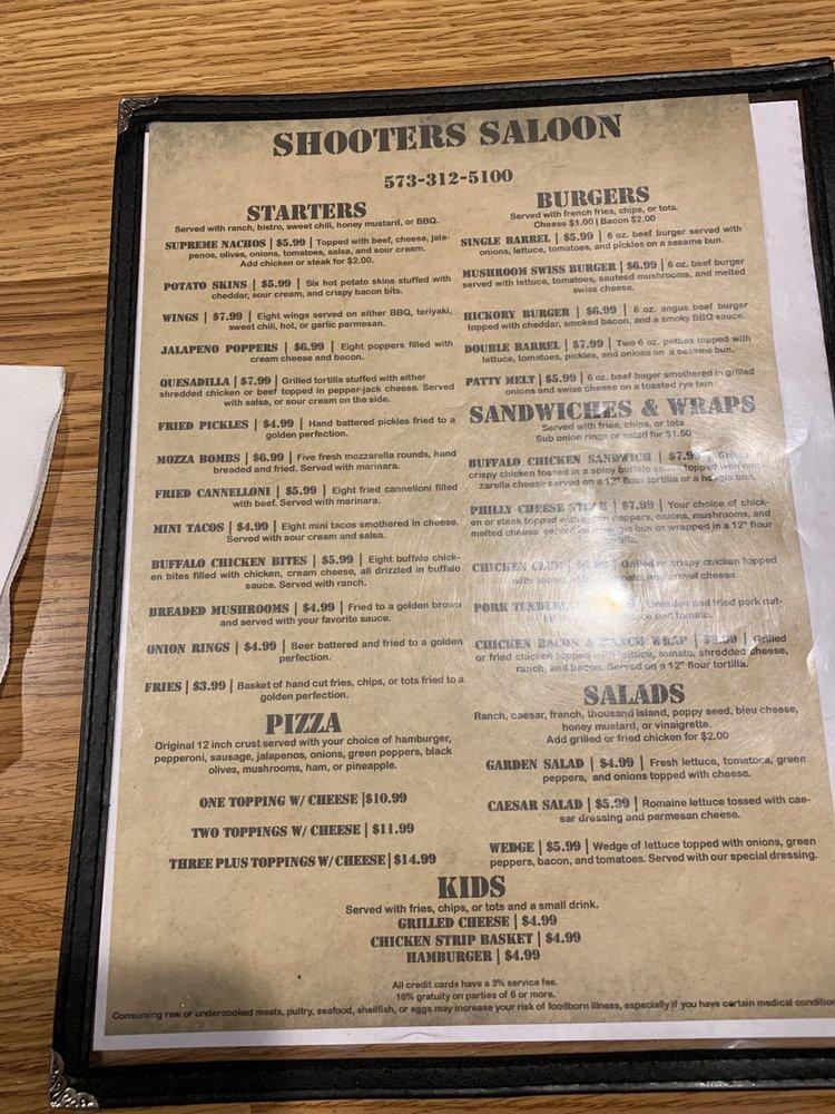 Menu at Shooters Saloon pub & bar, Elsberry