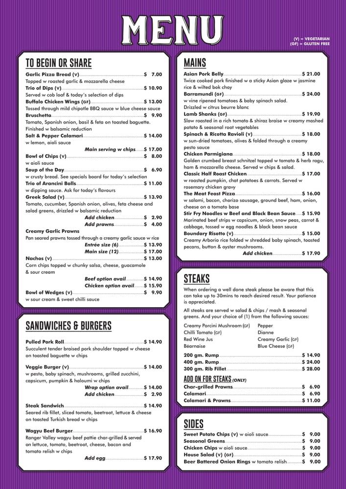 Carta del pub y bar The Boundary Hotel, Brisbane, 137 Boundary St