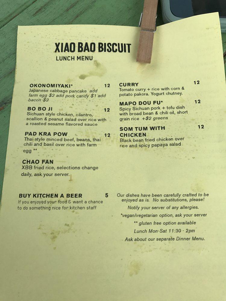 Menu at Xiao Bao Biscuit pub & bar, Charleston