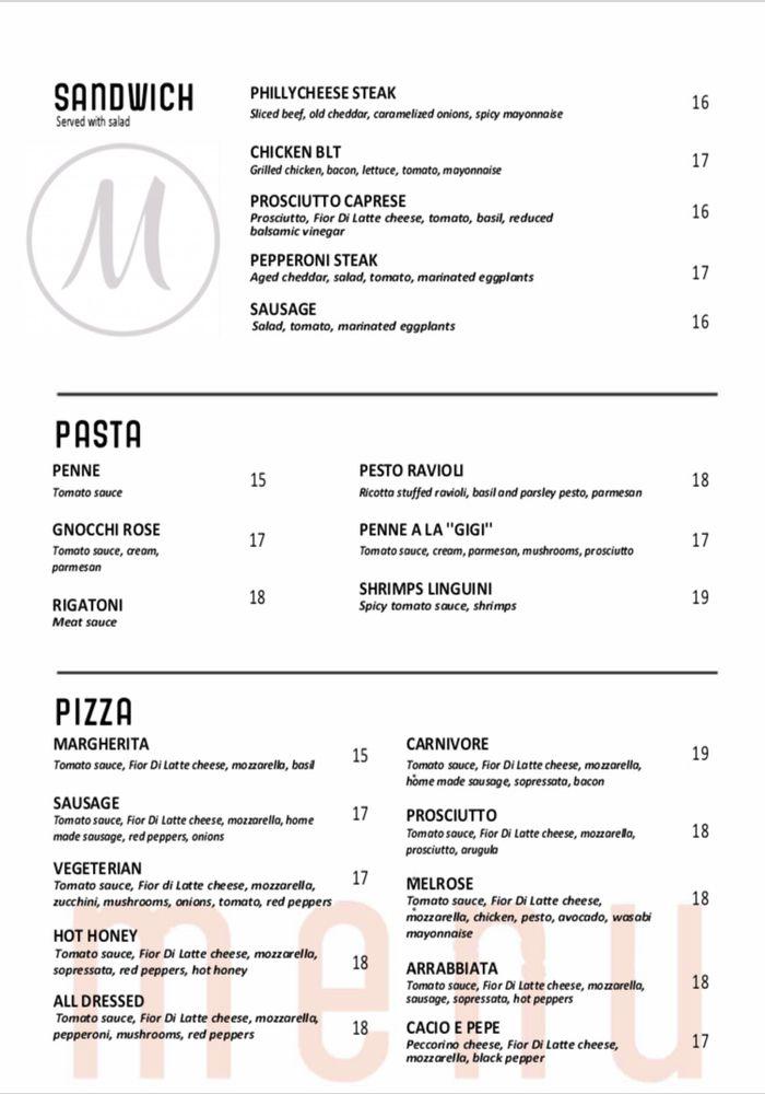 Menu at Melrose Resto pub & bar, Montréal