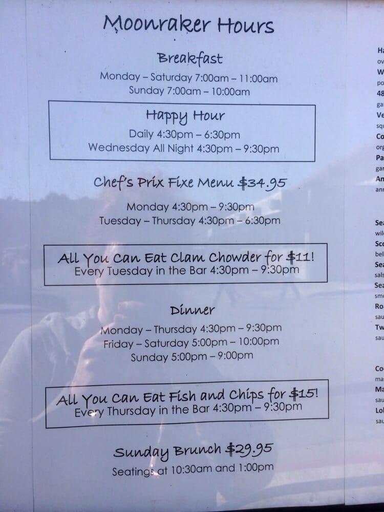 Menu at Moonraker restaurant, Pacifica
