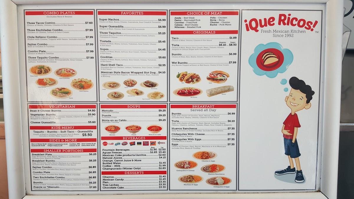 Menu at Que Ricos restaurant, San Fernando, San Fernando Rd