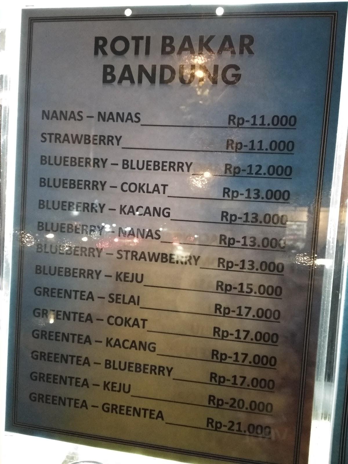 Menu at Roti Bakar Bandung restaurant, Malang, Jl. Patimura No.69-71