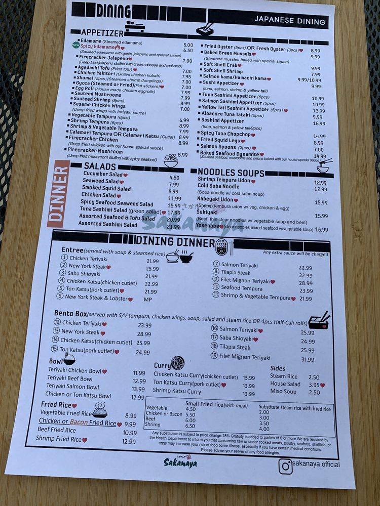Menu at Sakanaya Japanese Restaurant, Fresno, N Fort Washington Rd #116