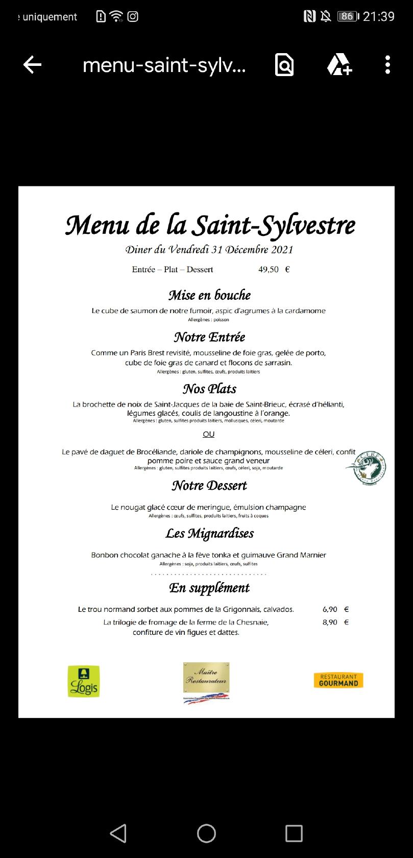 Menu au Auberge de la Forêt Sarl restaurant, Le Gâvre