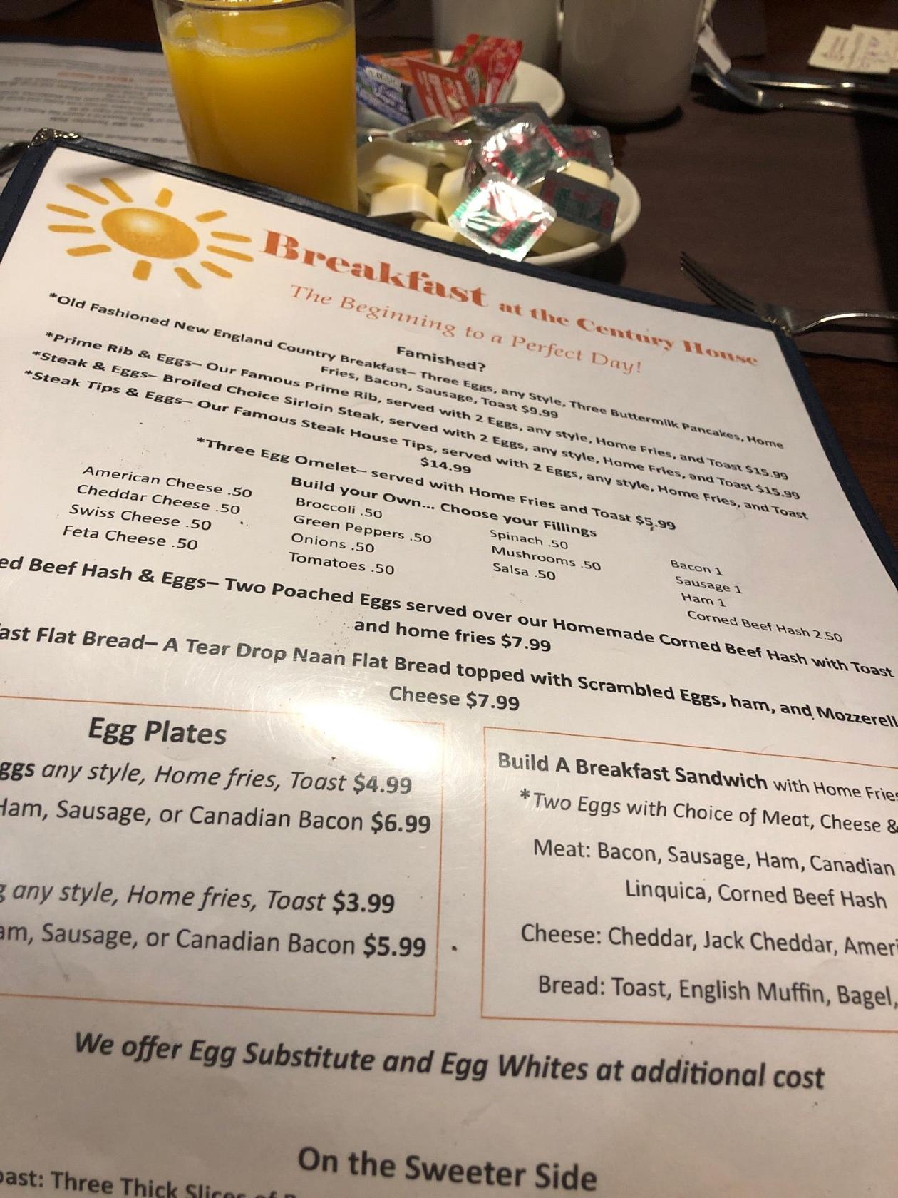 Menu at Century House Restaurant, Peabody