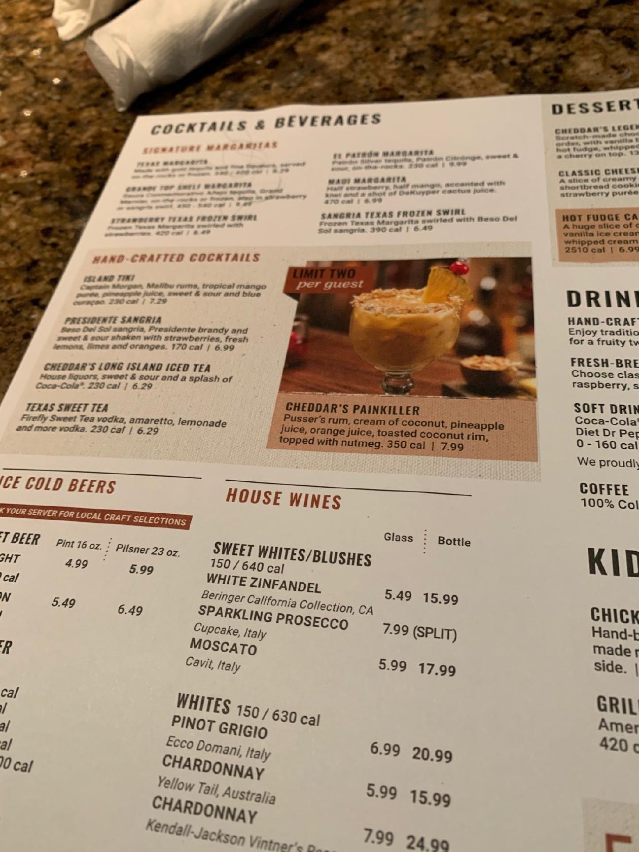 Menu at Cheddar's Scratch Kitchen restaurant, Little Rock