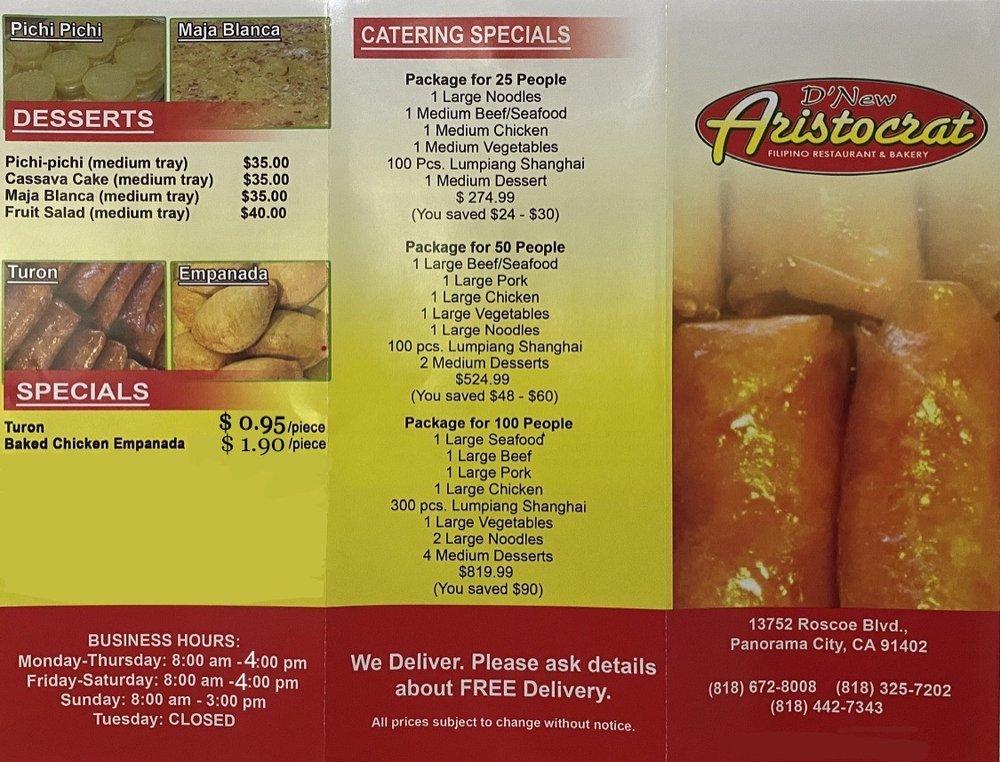 Menu at D’New Aristocrat Filipino Restaurant, Los Angeles