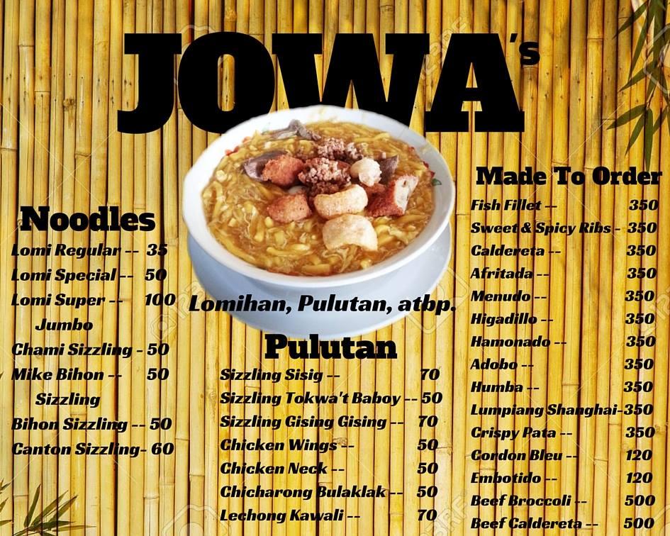Menu at Jowa's Lomi House restaurant, Alitagtag