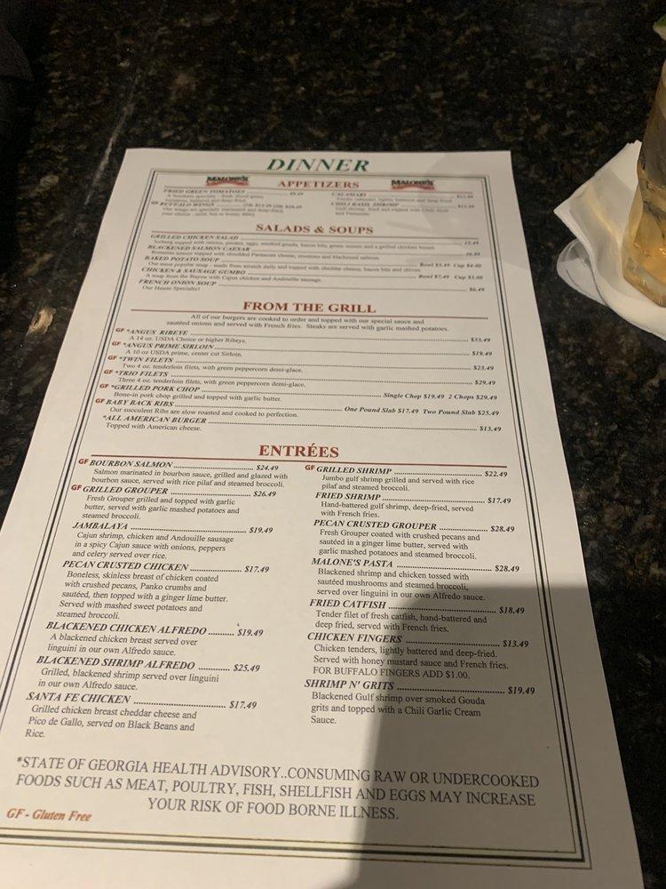 Menu at Malone's pub & bar, Atlanta, Virginia Ave