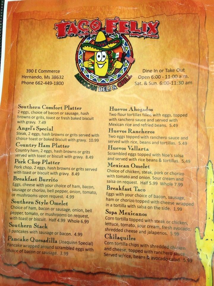 Menu at Taco Felix restaurant, Hernando, 390 E Commerce St