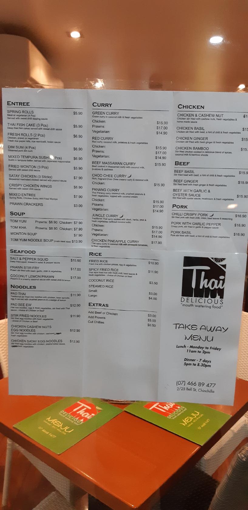 Menu at Thai Delicious restaurant, Chinchilla
