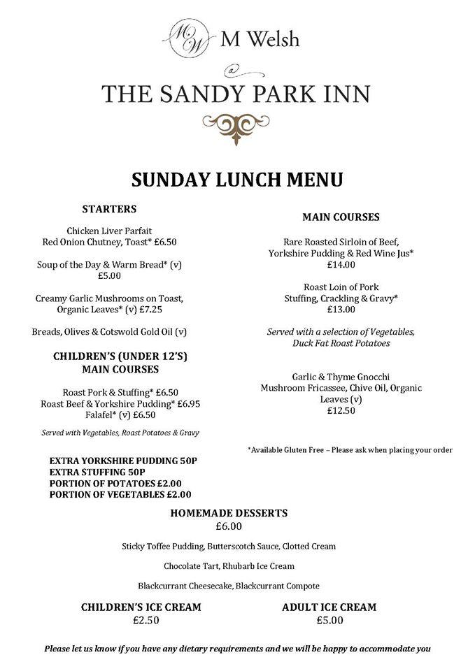 Menu at The Sandy Park Inn pub & bar, Chagford