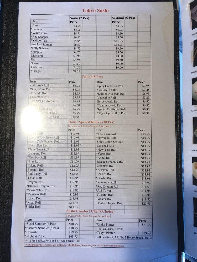 Menu at Tokyo restaurant, Carlsbad